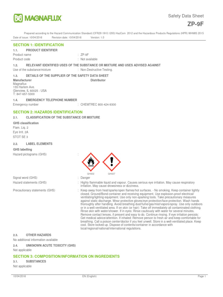 ZP-9F Safety Data Sheet | PDF | Workplace | Physical Sciences