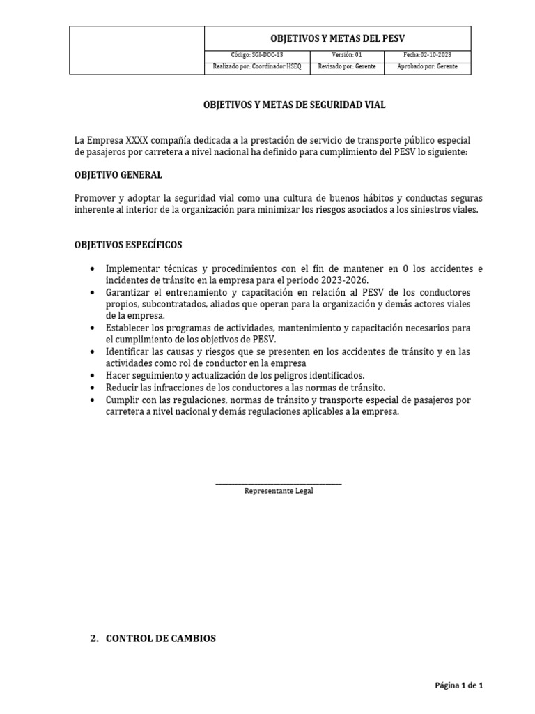 Sgi-Doc-13 Objetivos y Metas Del Pesv | PDF | Seguridad vial | Business