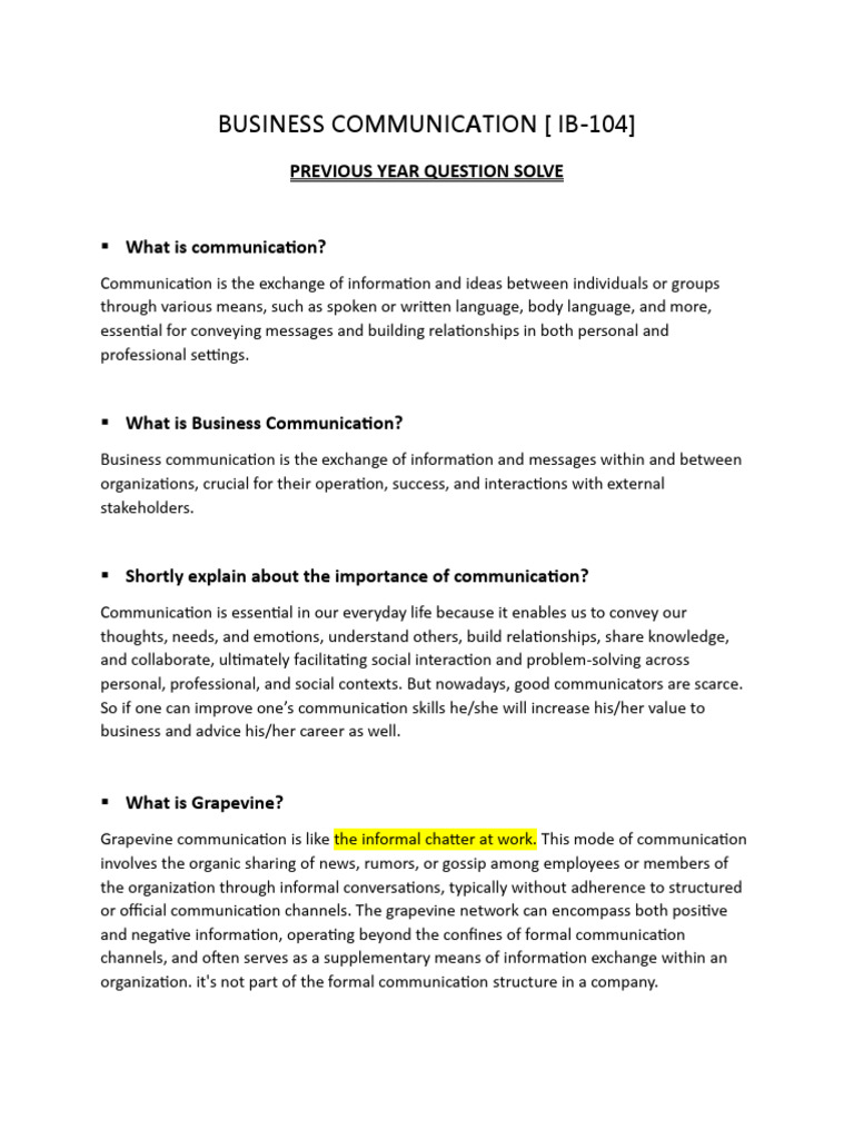 Business Communication Previous Year Question Ib Dept | PDF ...