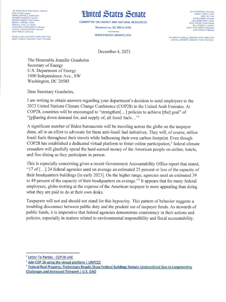 Sen. Barrasso COP28 Letters | PDF