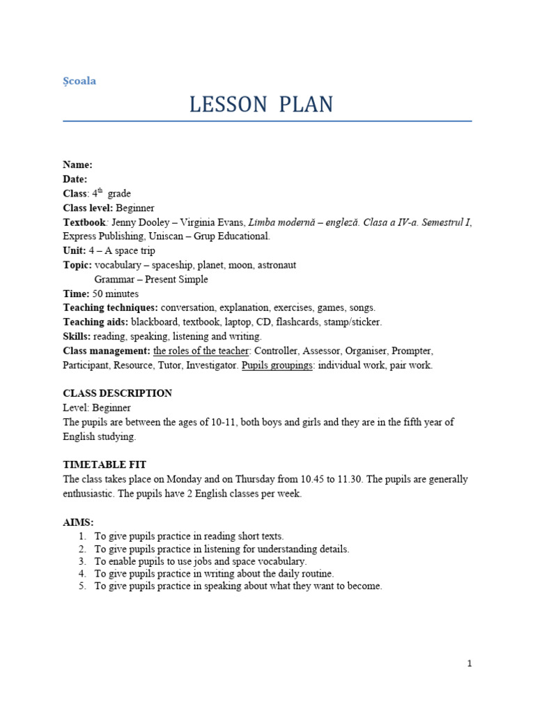 4th Grade English Lesson Plan: Space Trip | PDF | Linguistics | Human ...