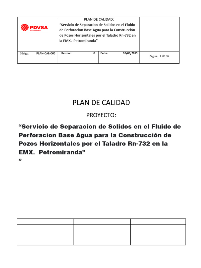 Plan de Calidad "SERV. SEPAR. SOL. FLUIDO PERFOR - BASE AGUA TAL - RN-732 Petromirandan | PDF ...