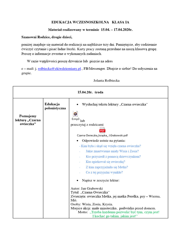 Edukacja Wczesnoszkolna Klasa Ia 15 17. 04. 20. 1 | PDF