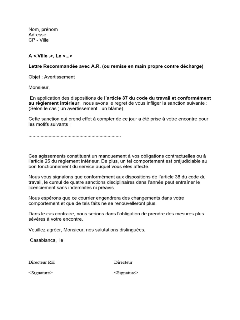 Modèle - Blâme - Avertissement | PDF | Évolution de carrière | Droit