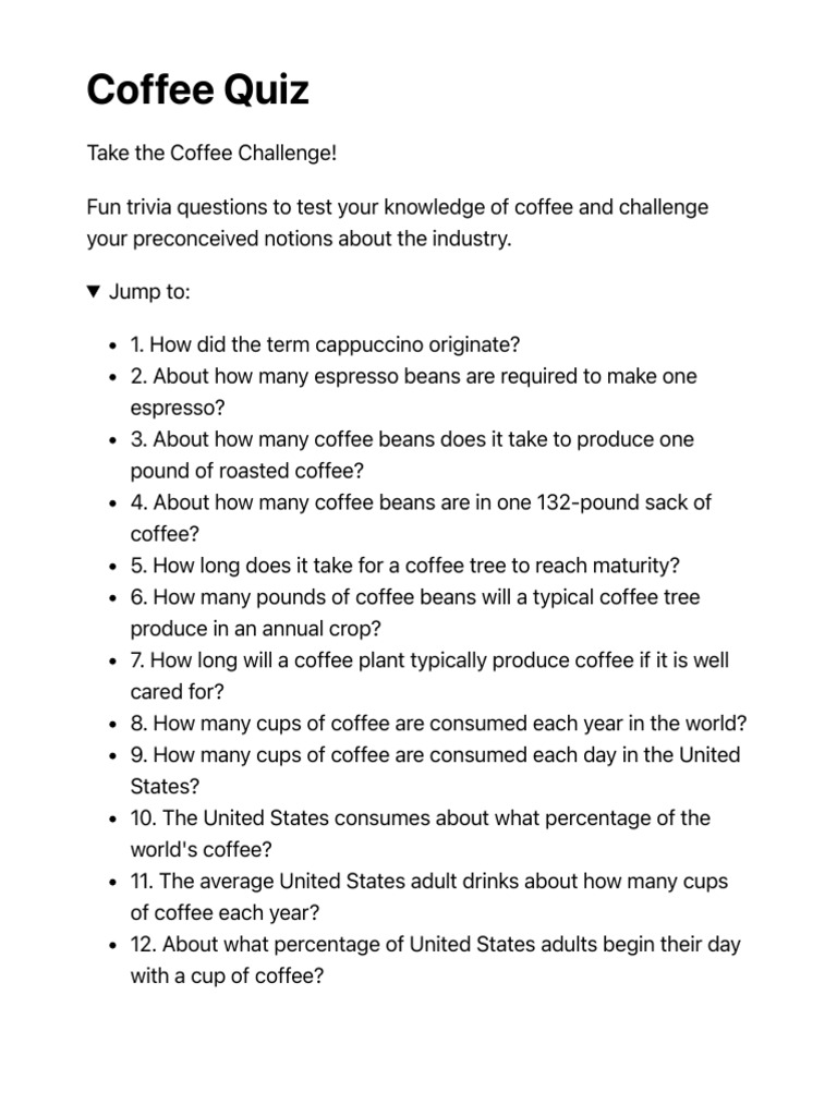 Coffee Quiz (53 Trivia Questions!) - Espresso Coffee Guide | PDF ...