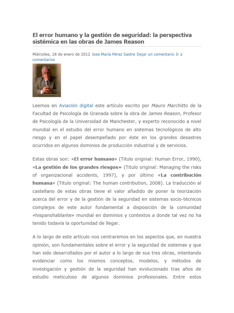 Reason y El error humano y la gestión de seguridad | PDF | Sicología ...