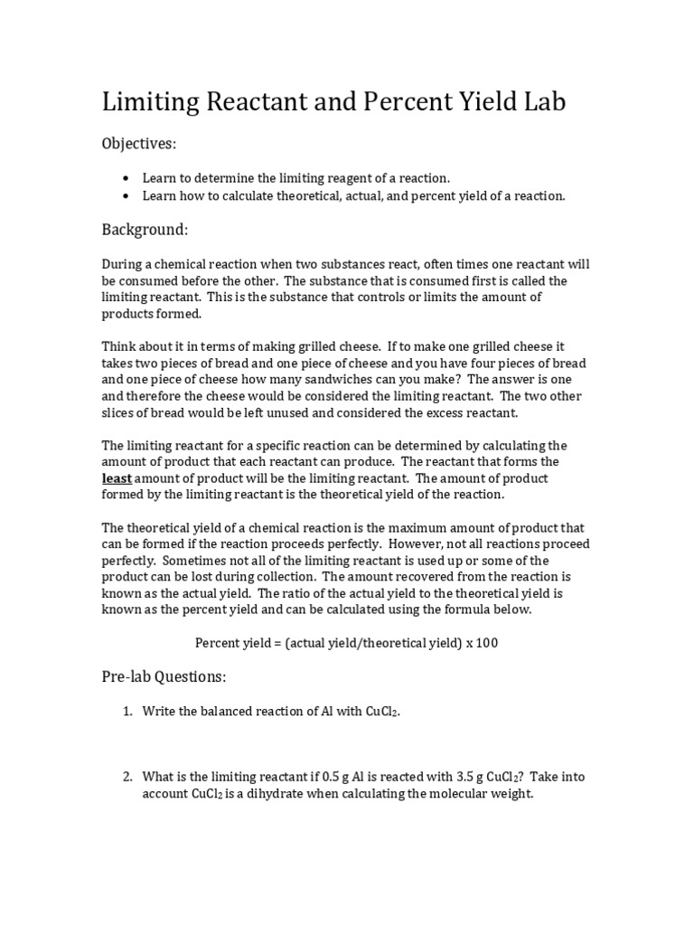 Limiting Reactant and Percent Yield Lab | PDF | Chemistry | Industrial ...