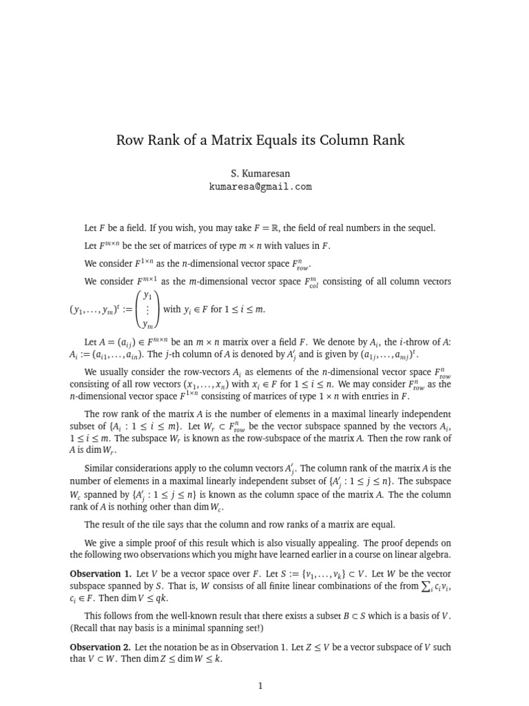 Row Rank of A Matrix Equals It Column Rank | PDF | Linear Subspace ...