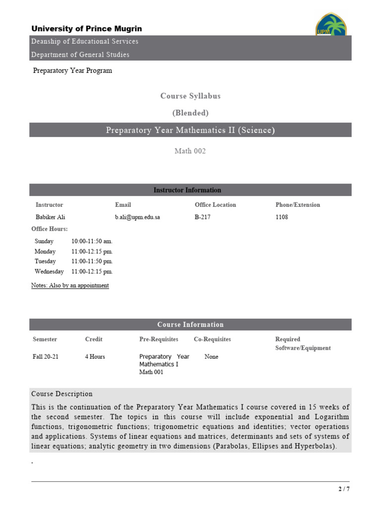 Course Syllabus - Math 002 - Fall 2020-2021-New-Babiker Ali | PDF ...