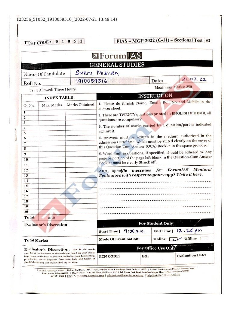 Smriti Mishra Rank 4 MGP Copy 1 GS Paper | PDF