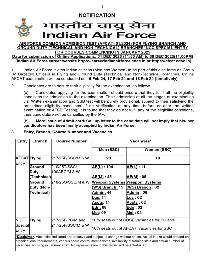 AFCAT 01/2024 Notification Details | PDF