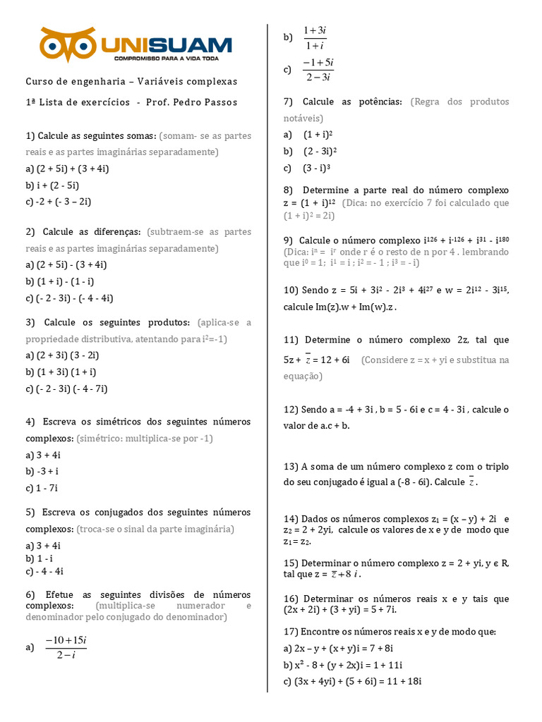 Lista 1 - Variáveis Complexas | PDF | Número complexo | Análise complexa