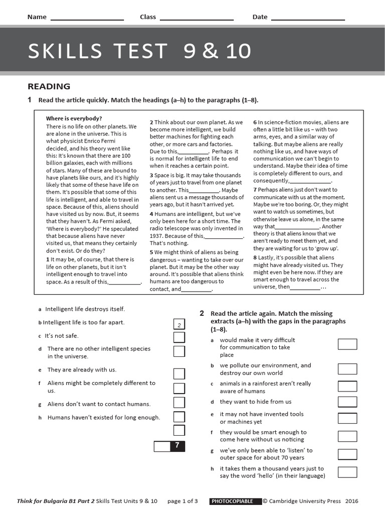 Skills Test for Bulgaria B1 Units 9 & 10 | PDF | Extraterrestrial Life ...