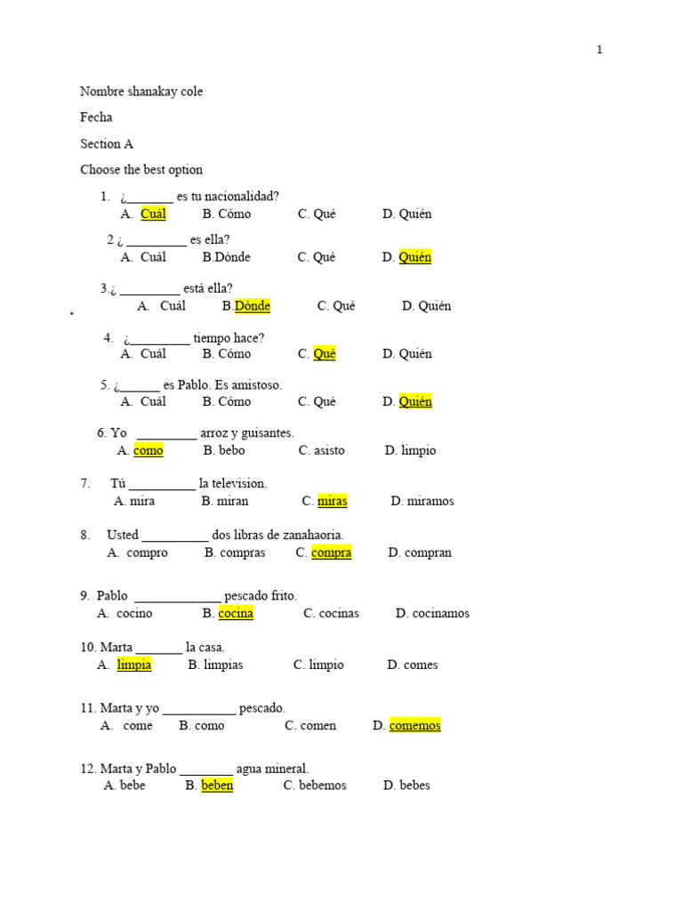 Spanish Test | PDF | Artes del Lenguaje y Comunicación