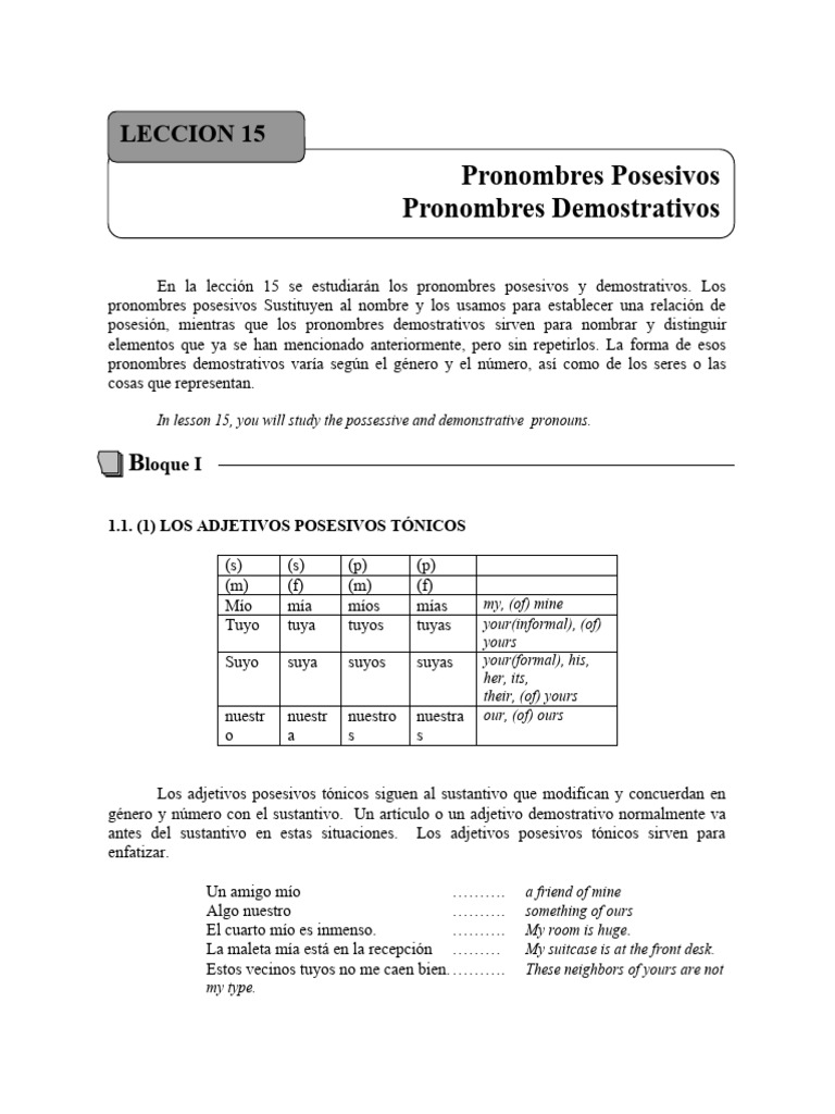 Tema 15, Los Pronombres Posesivos | PDF | Adjetivo | Morfología Lingüística