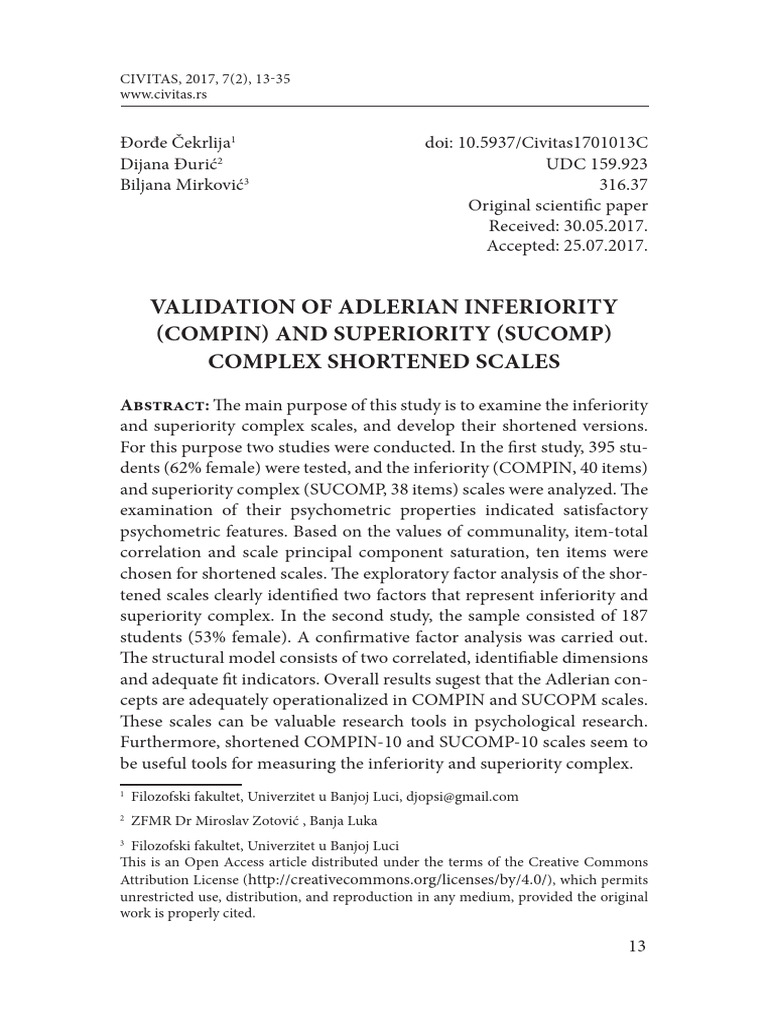 Validation of Adlerian Inferiority (Compin) and Superiority (Sucomp) Complex Shortened Scales ...
