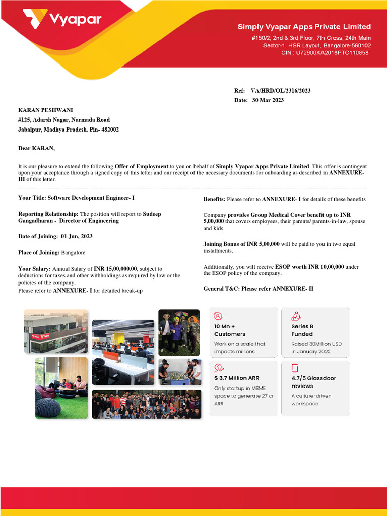 KARAN PESHWANI - Offer Letter | PDF | Payroll Tax | Employment