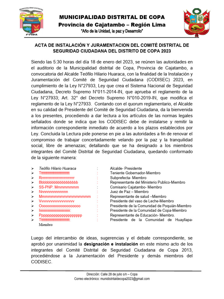 Acta de Instalacion y Juramentacion Codisec - Copa 2023 | Descargar gratis PDF | Alcalde ...