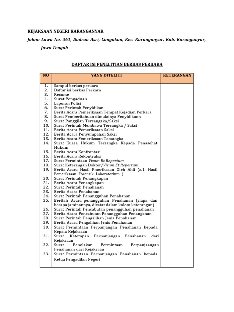 Daftar Isi Berkas Perkara Kejaksaan | PDF | Hukum