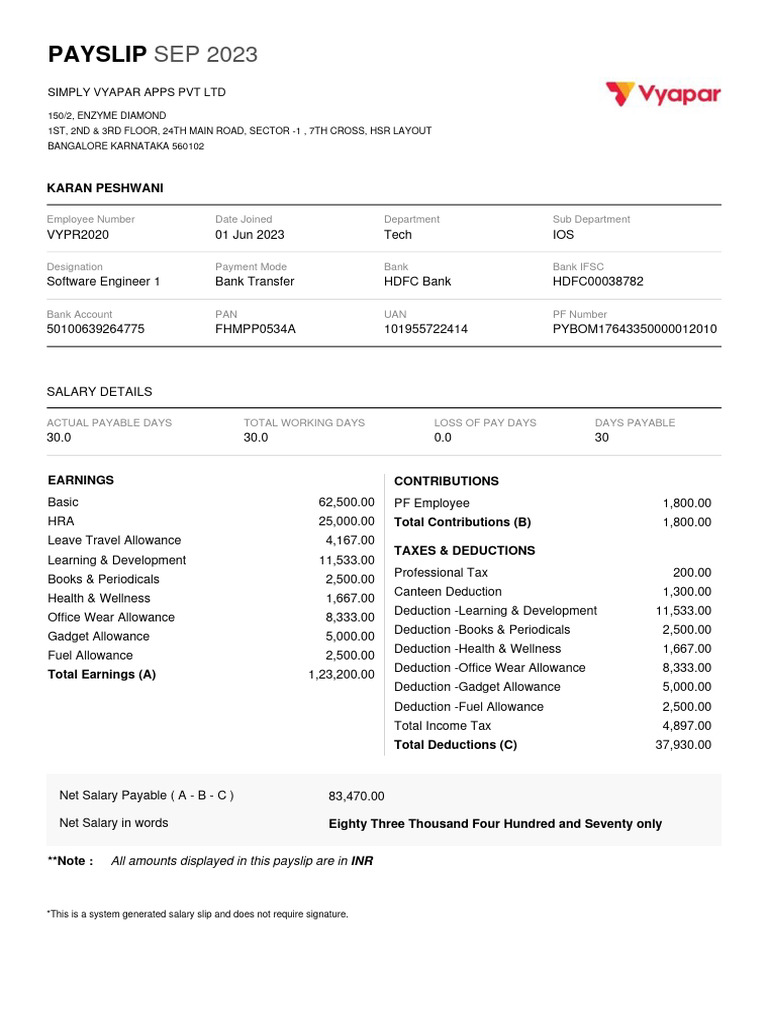 Software Engineer Salary Slip - Sep 2023 | PDF | Tax Deduction | Salary