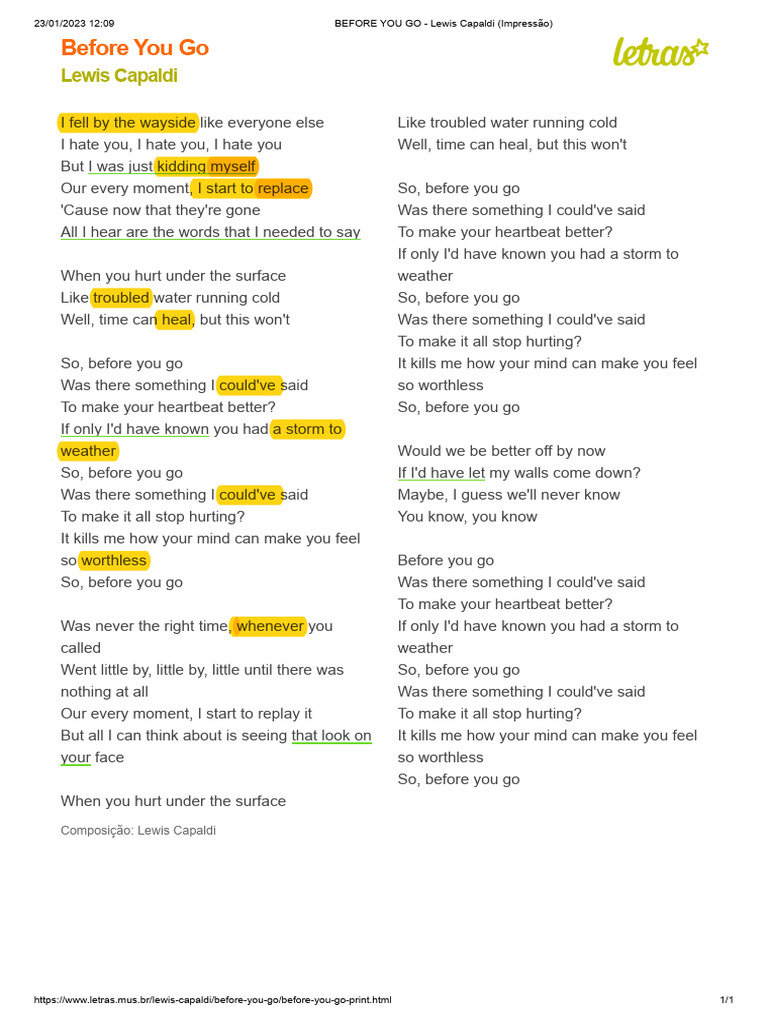 BEFORE YOU GO - Lewis Capaldi (Impressão) | PDF