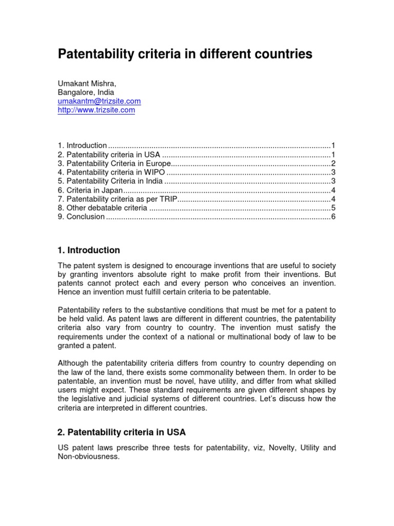 Patent Ability Criteria in Different Countries | PDF | Patent ...