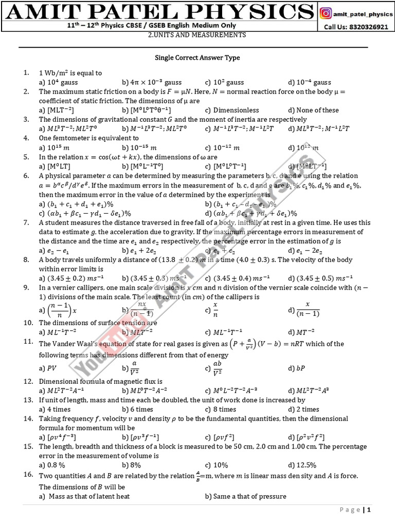 Units and Measurements-1 MCQS | PDF | Momentum | Metrology
