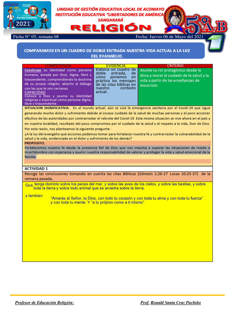 5º A-B Ficha Nº 05 Religión Semana 8 TAREA HECHA | PDF | Fe | Jesús