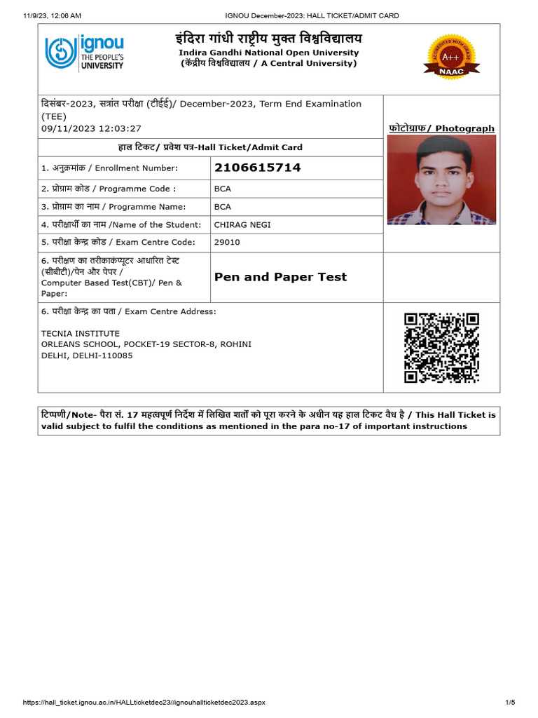 IGNOU Dec 2023 Exam Admit Card | PDF