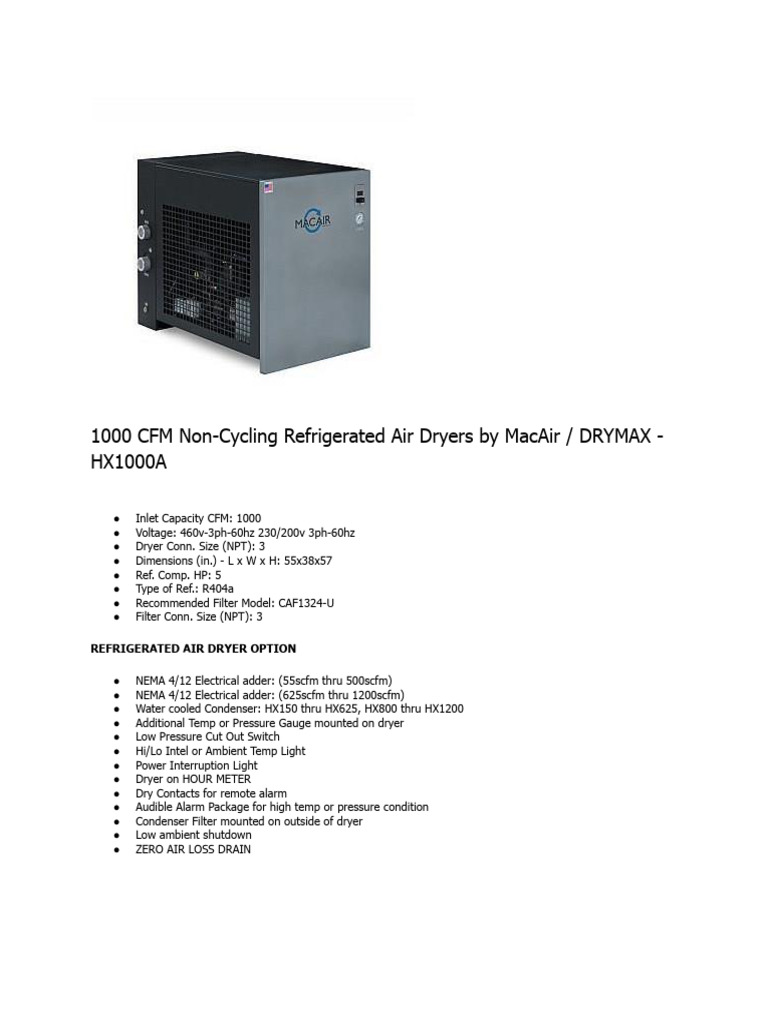 1000 CFM Non Datasheet - Docx 1 | PDF | Clothes Dryer | Heat Exchanger
