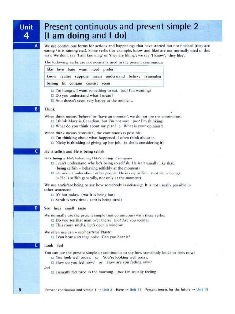 Murphy - English Grammar in Use - Inter - Unit 4 - Present Simple - Cont. - State Verbs | PDF