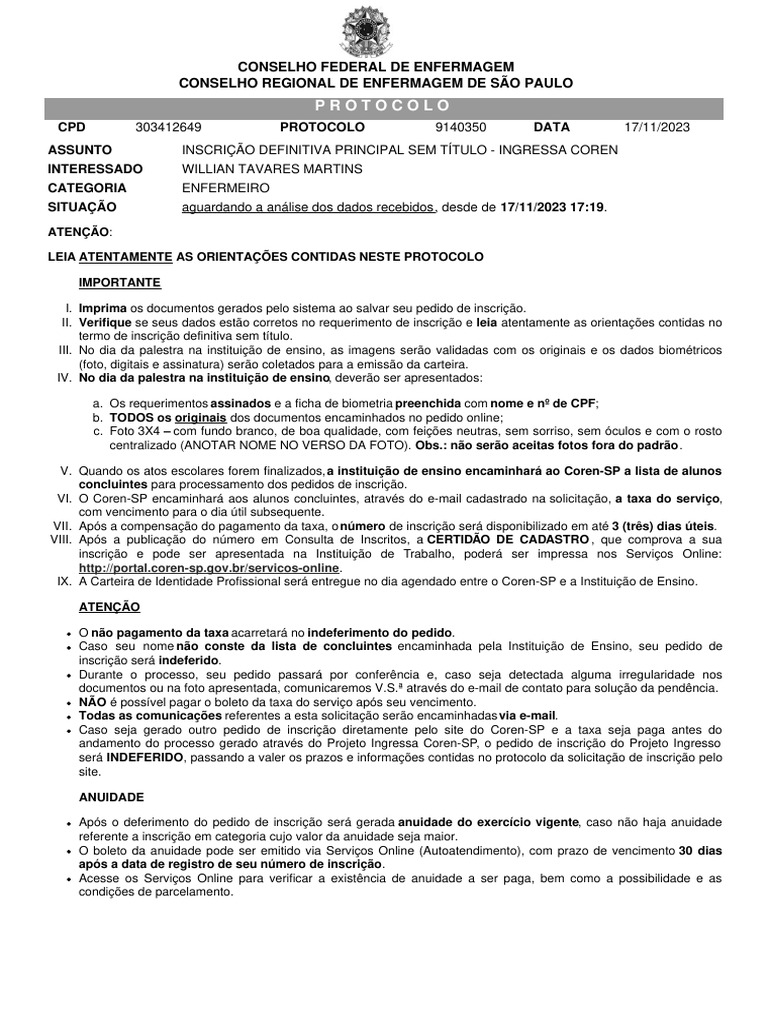 Protocolo Corensp Inscricao Online | PDF | Biometria