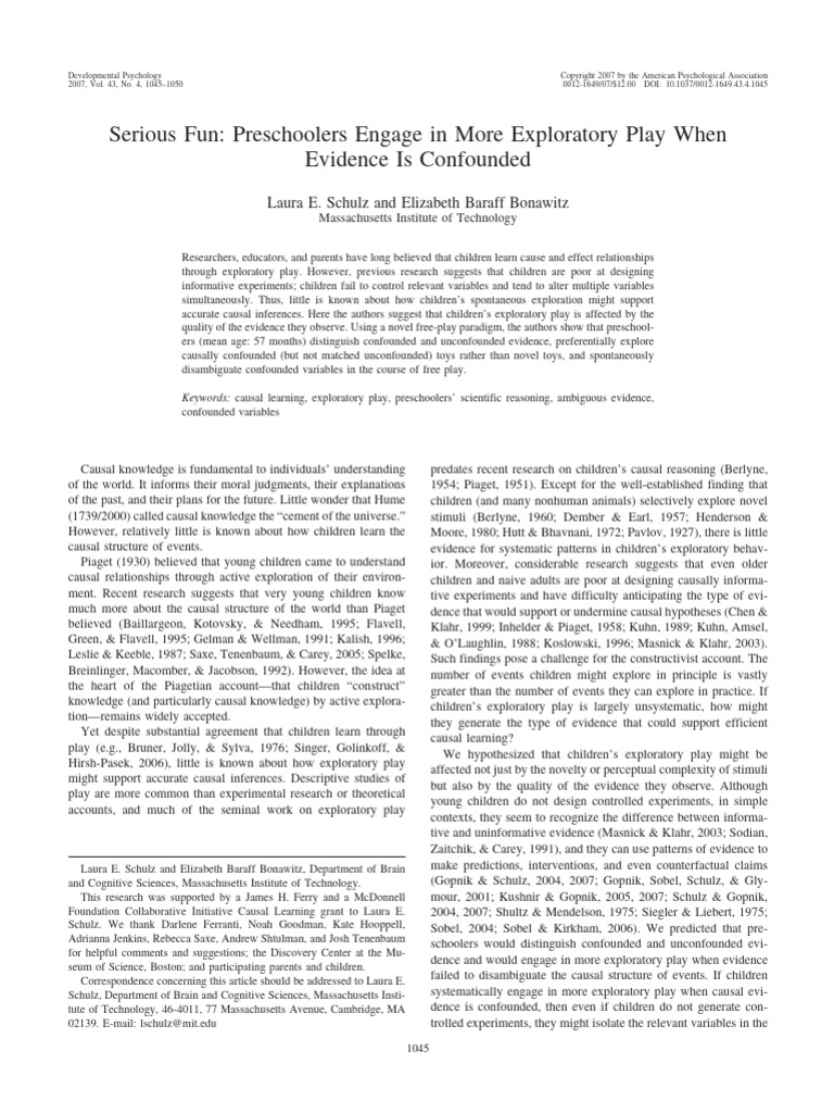Schulz, Bonawitz - 2007 - Serious Fun Preschoolers Engage in More Exploratory Play When Evidence ...