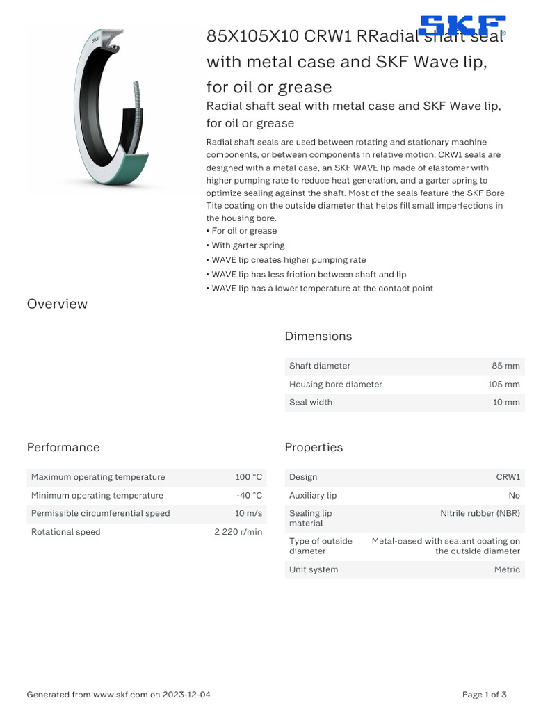 SKF 85X105X10 CRW1 RRadial Shaft Seal With Metal Case and SKF Wave Lip ...