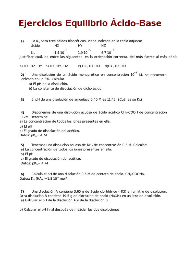Ejercicios Equilibrio Acido-Base | PDF | Ácido | Ph