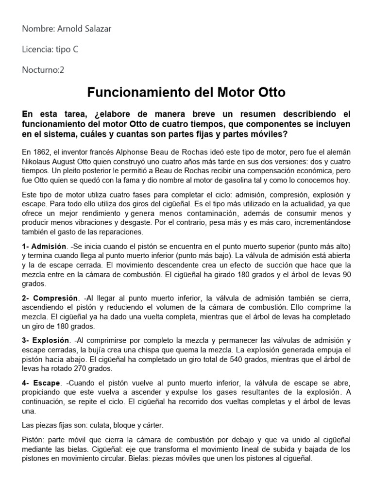 Funcionamiento Del Motor Otto | PDF | Motor de combustión interna | Pistón