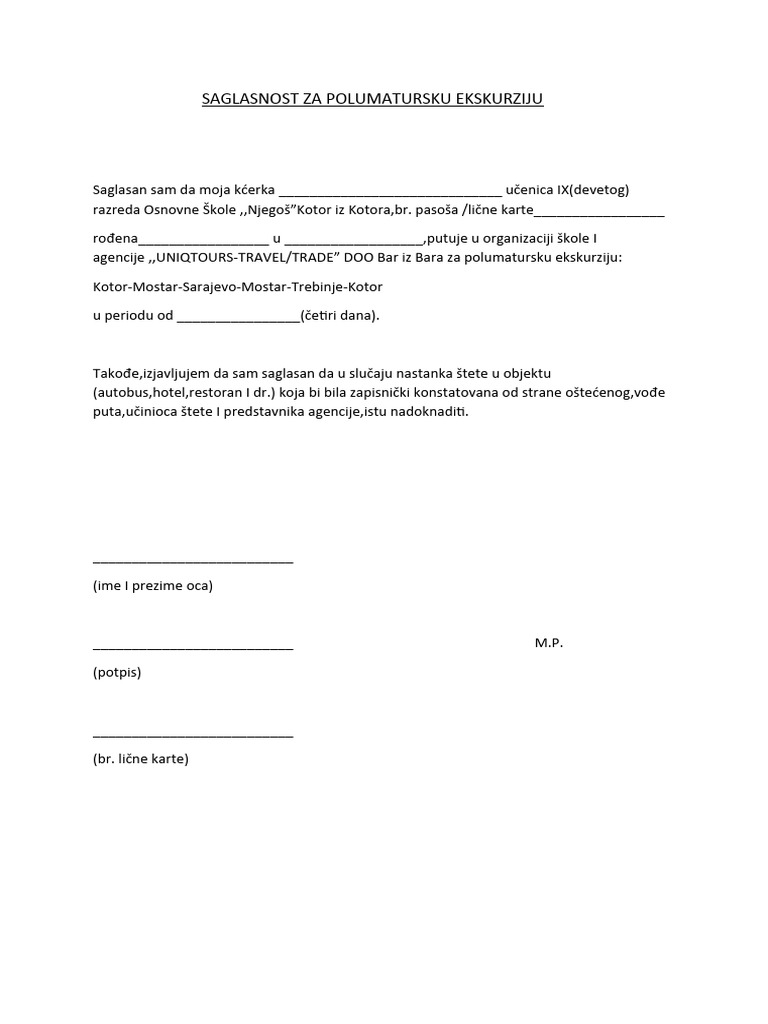 Saglasnost Za Polumatursku Ekskurziju | PDF