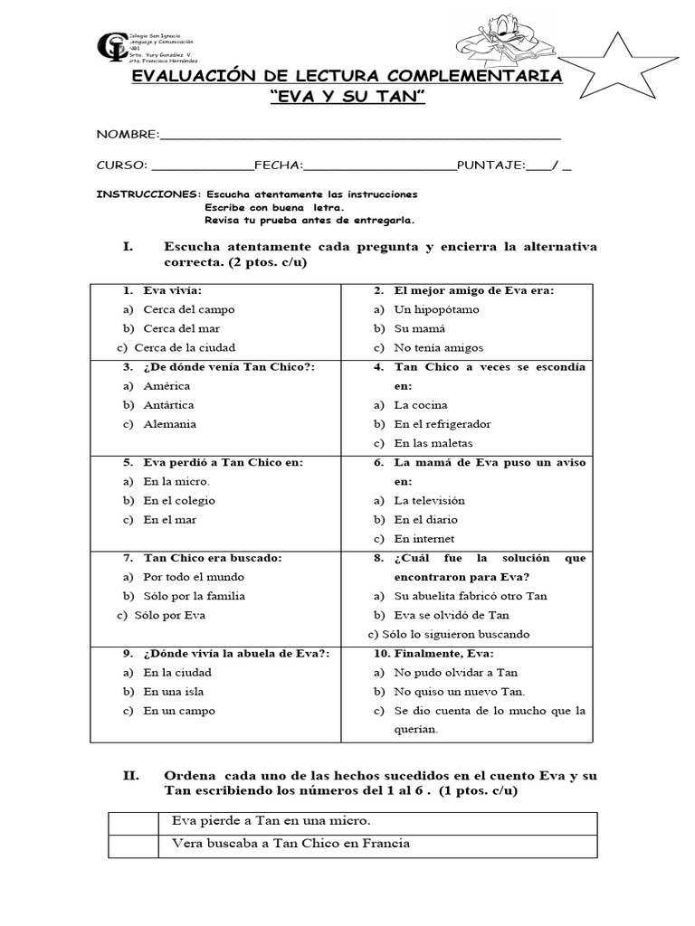 Evaluacion de Lenguaje Lectura Complementaria Eva y Su Tan | PDF