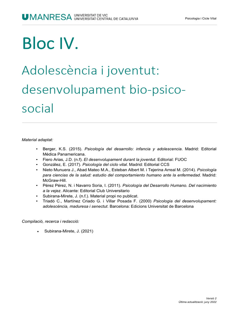 V3. Bloc IV - El Desenvolupament Durant La Joventut | PDF