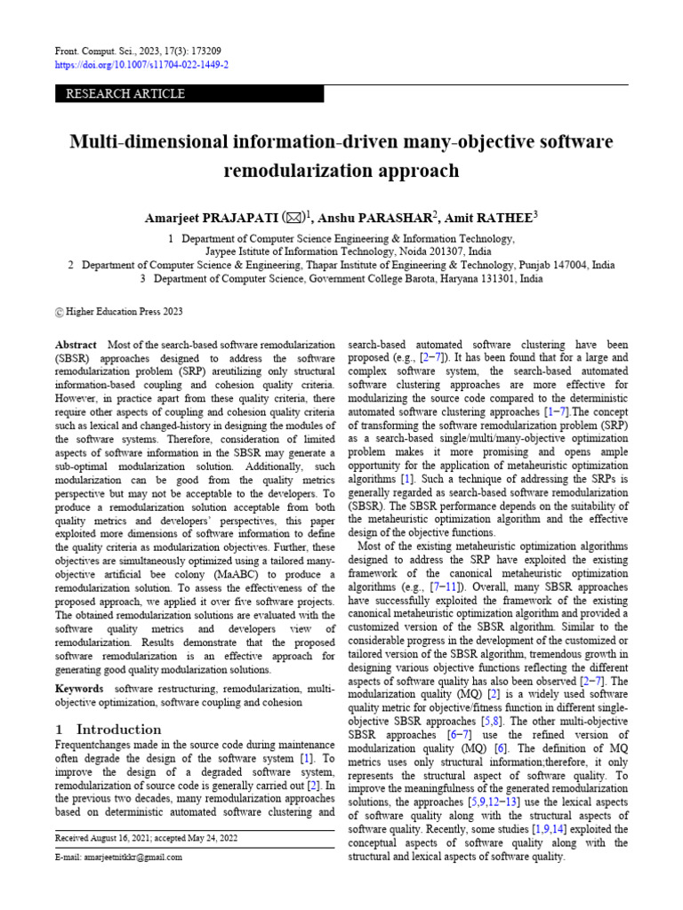 Multi-Dimensional Information-Driven Many-Objective Software Remodularization Approach | PDF ...