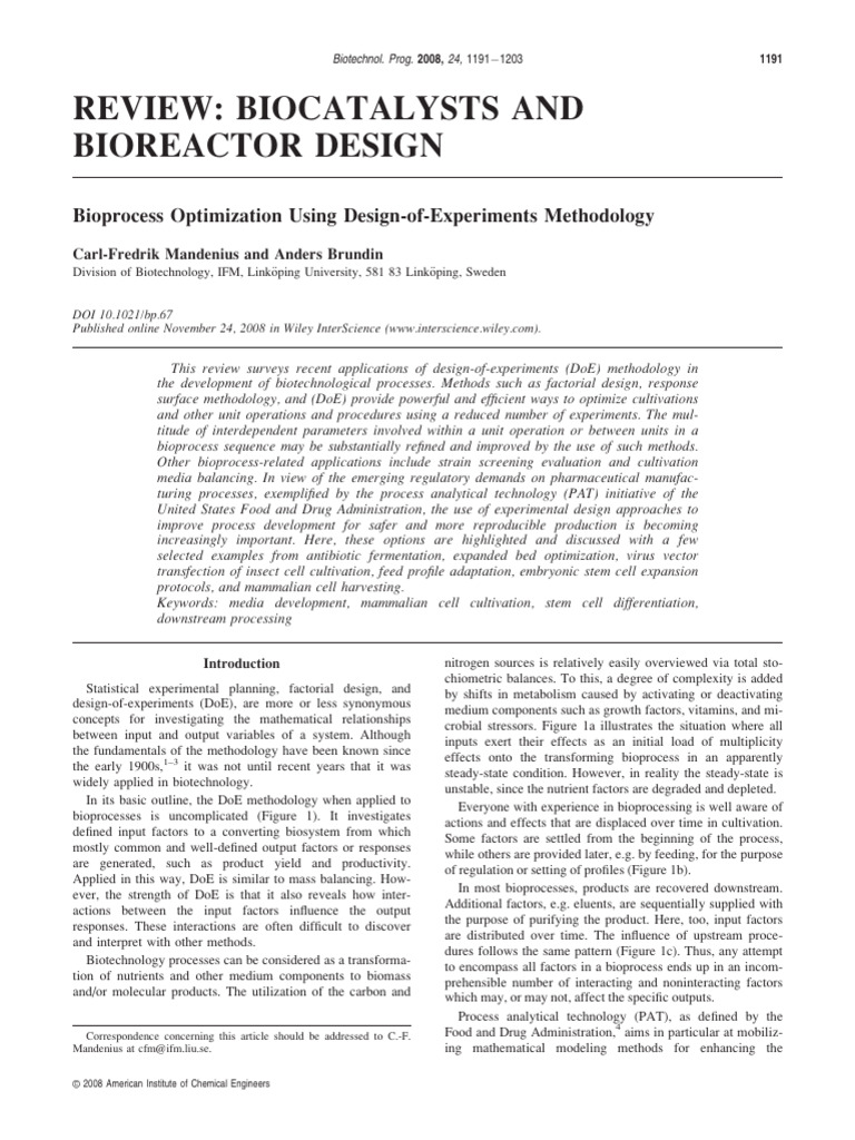 Biotechnology Progress - 2008 - Mandenius - Bioprocess Optimization Using Design of Experiments ...