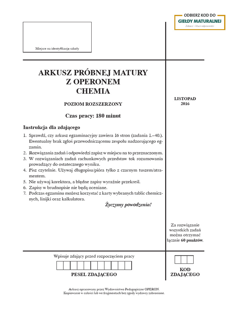 Chemia - Arkusz | PDF