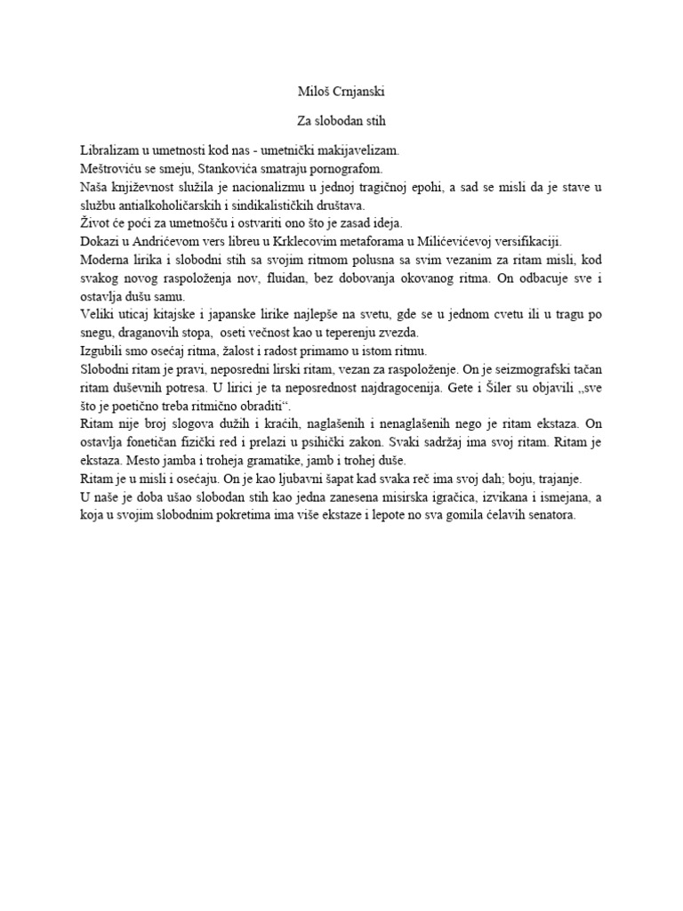 Miloš Crnjanski Za Slobodan Stih | PDF