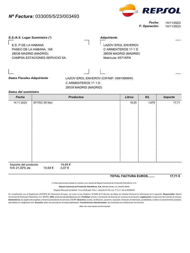 Factura de Combustible Repsol Madrid | PDF | Factura | Gobierno