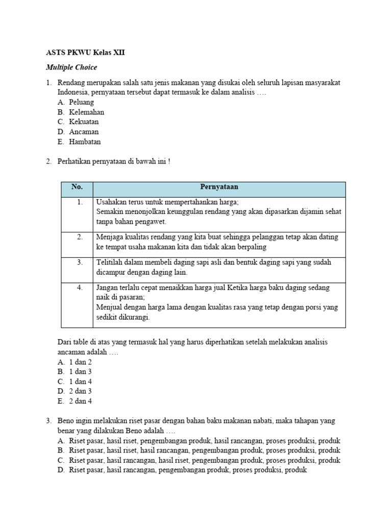 Soal Asts Pkwu Kelas Xii - (Tanpa Ans) - 1 | PDF