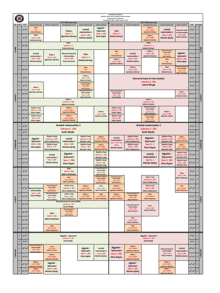 Orari DI - BSc. - Sem. I - V.A. 2023 - 2024 | PDF