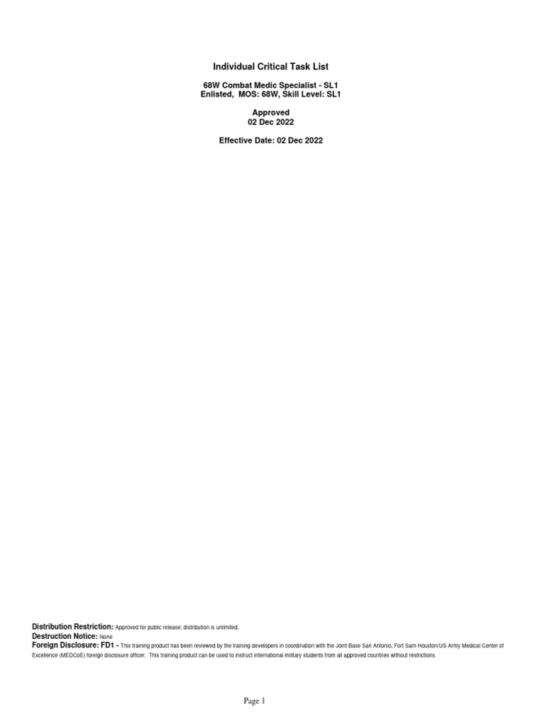 68W Combat Medic Specialist Tasks | PDF | Emergency Department | Injury
