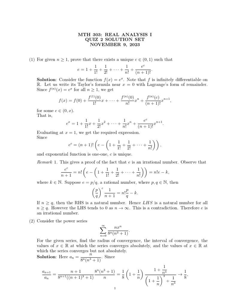 Quiz 2 Solution | PDF | Power Series | Trigonometric Functions