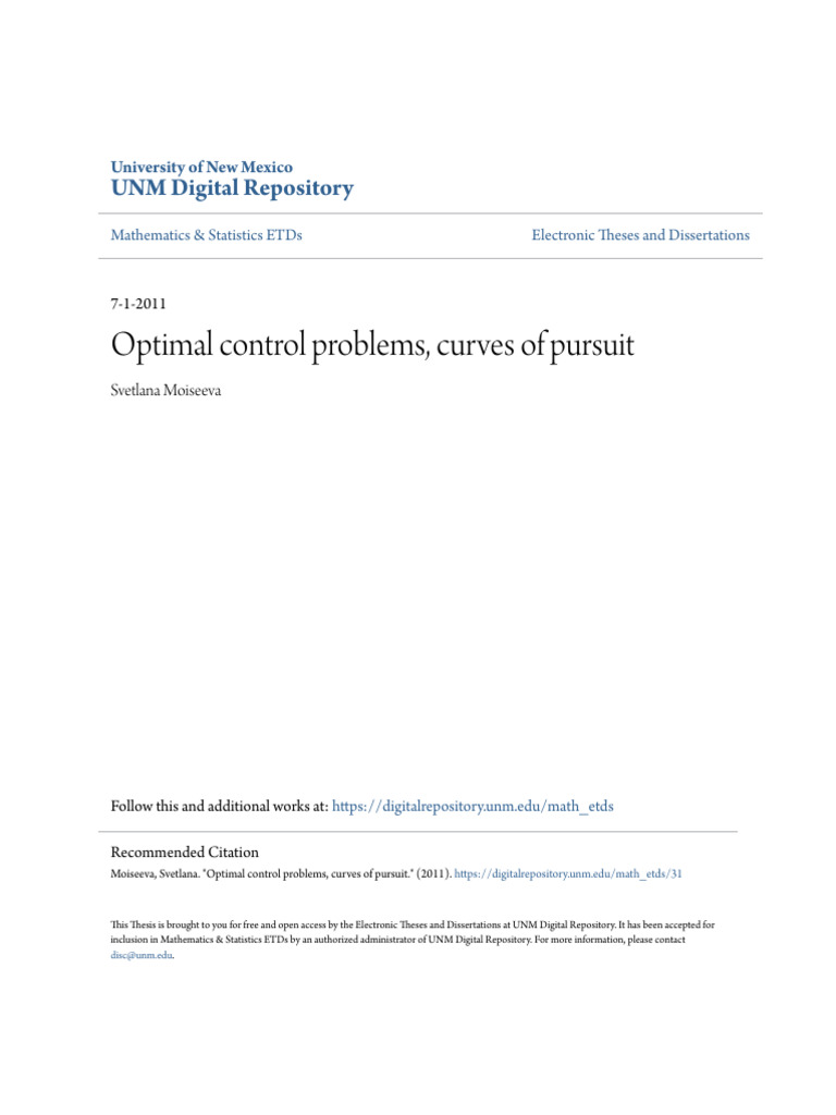 Optimal Control Problems Curves of Pursuit MSC Thesis | PDF | Thesis | Dynamic Programming
