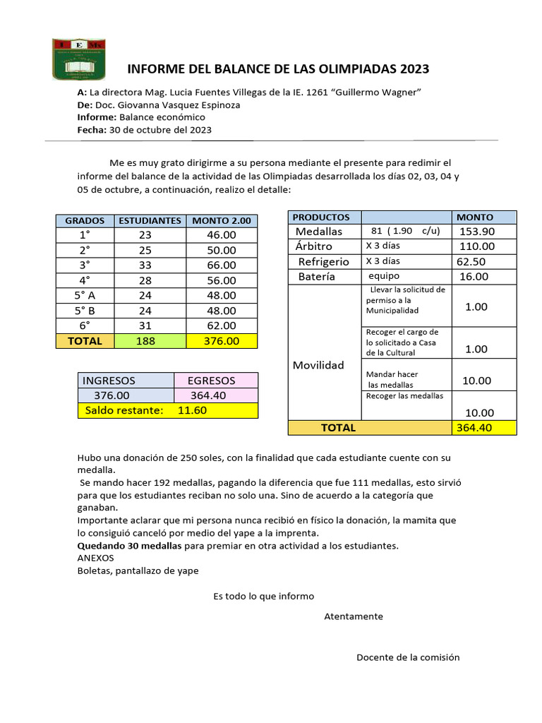 Informe Del Balance de Las Olimpiadas 2023 | PDF